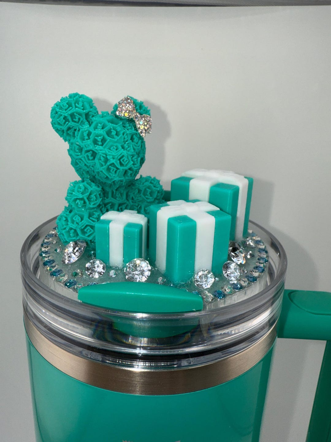 Fancy Teal White Rose Bear and Gift Boxes Rhinestone Tumbler Topper ...