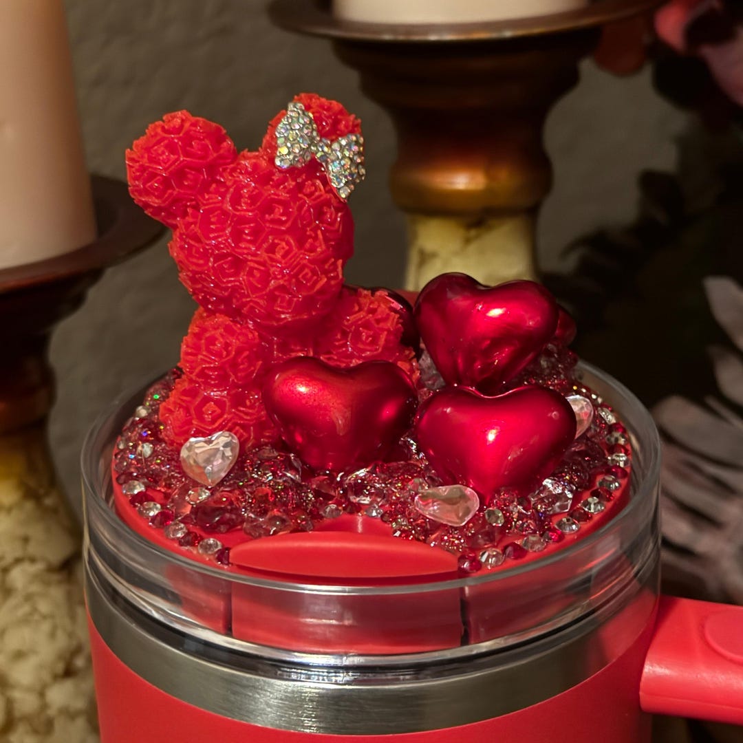 Rhinestone Red Rose Bear and Red Hearts Rhinestone Tumbler Topper Fits ...