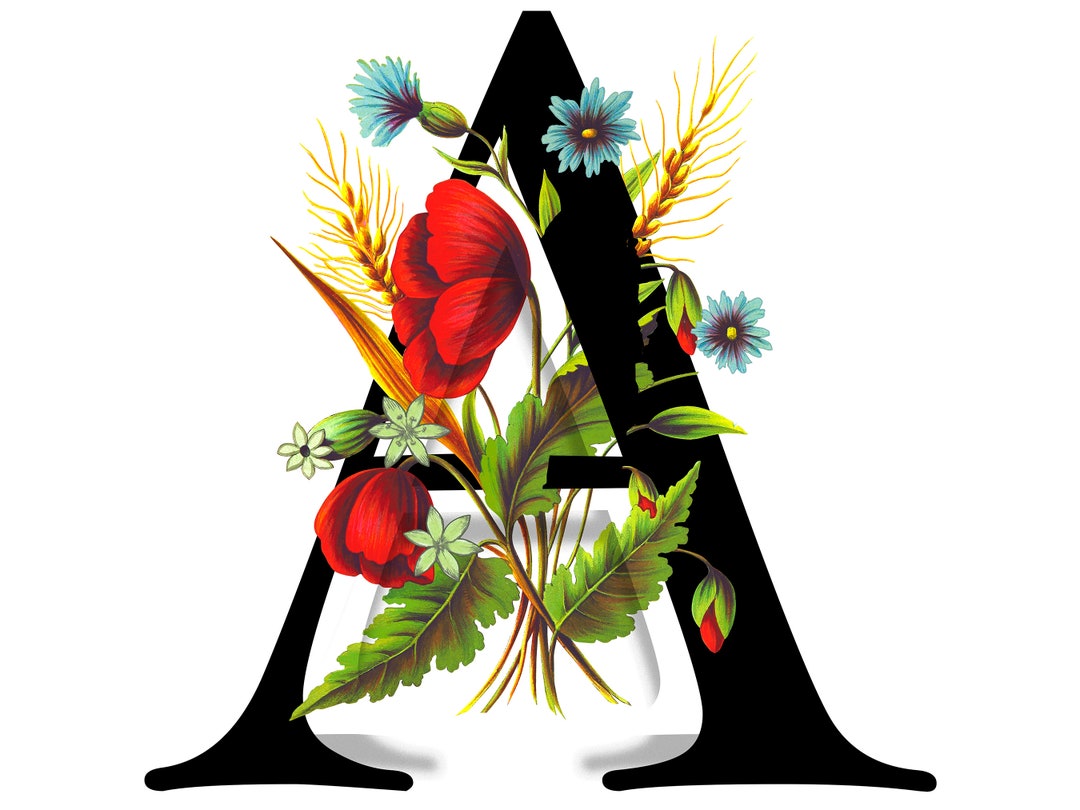 Floral Alphabet, Red and Blue Flower, Black Text Monogram, Instant ...