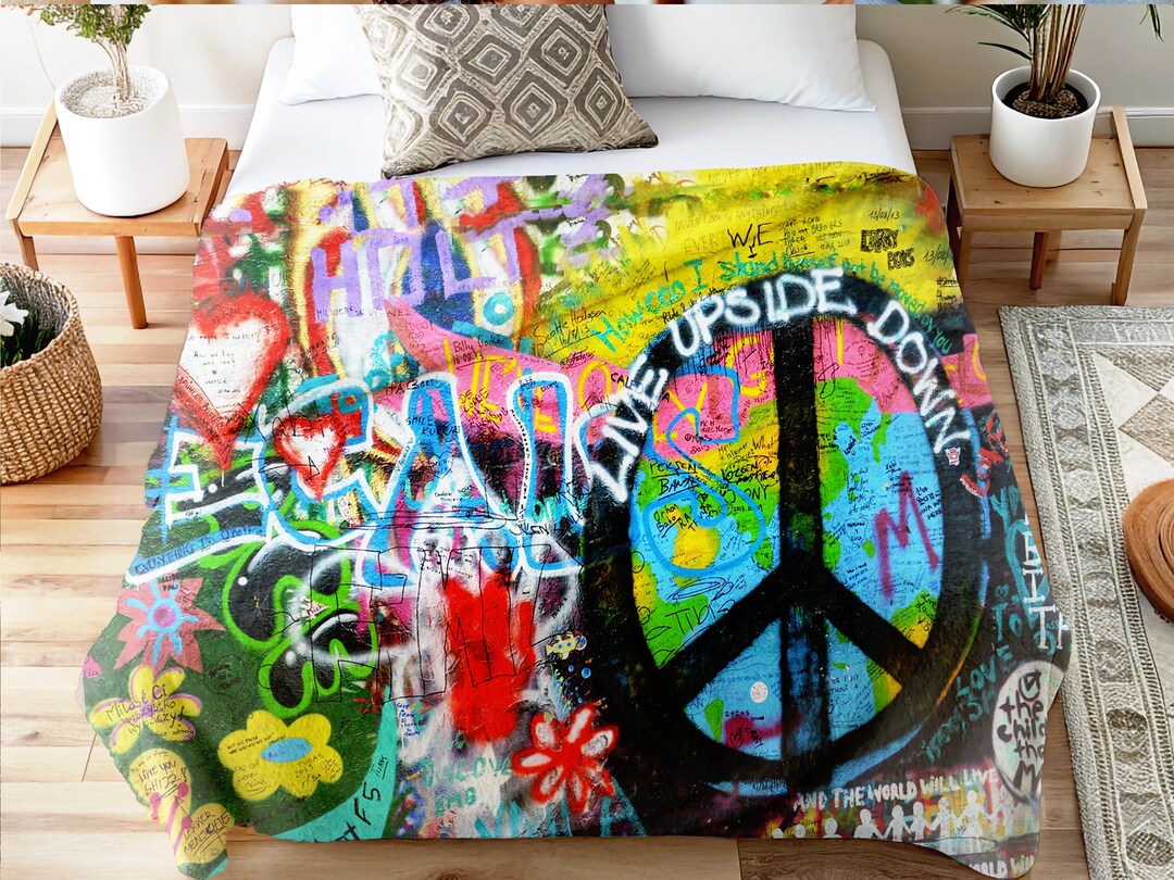 Hippie Blanket, Live Upside Down Peace Sign Graffiti Street Boho Throw ...