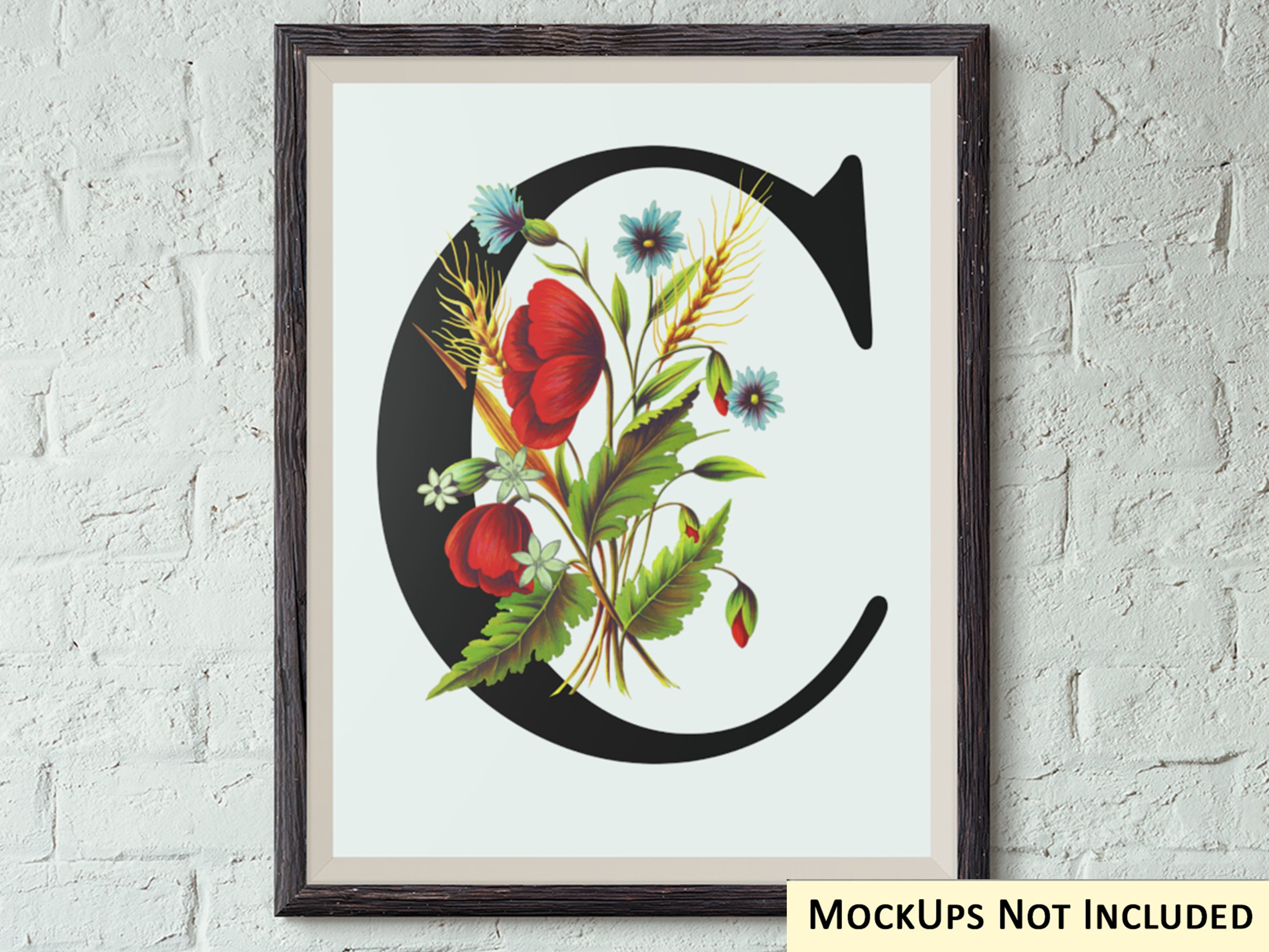 Floral Alphabet, Red and Blue Flower, Black Text Monogram, Instant ...