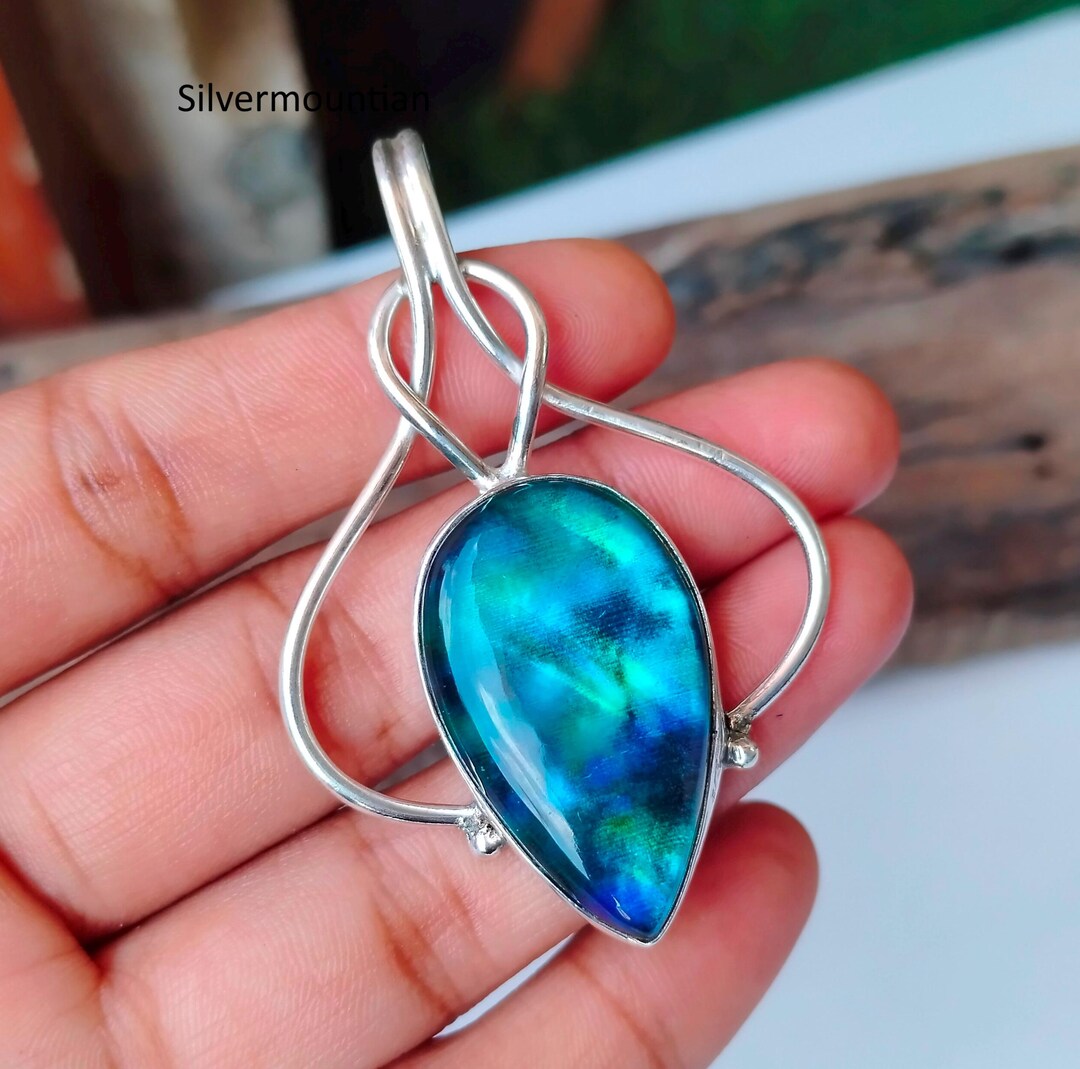 Blue Ammolite Pendant: 925 Sterling Silver, Handmade Boho Necklace - Etsy