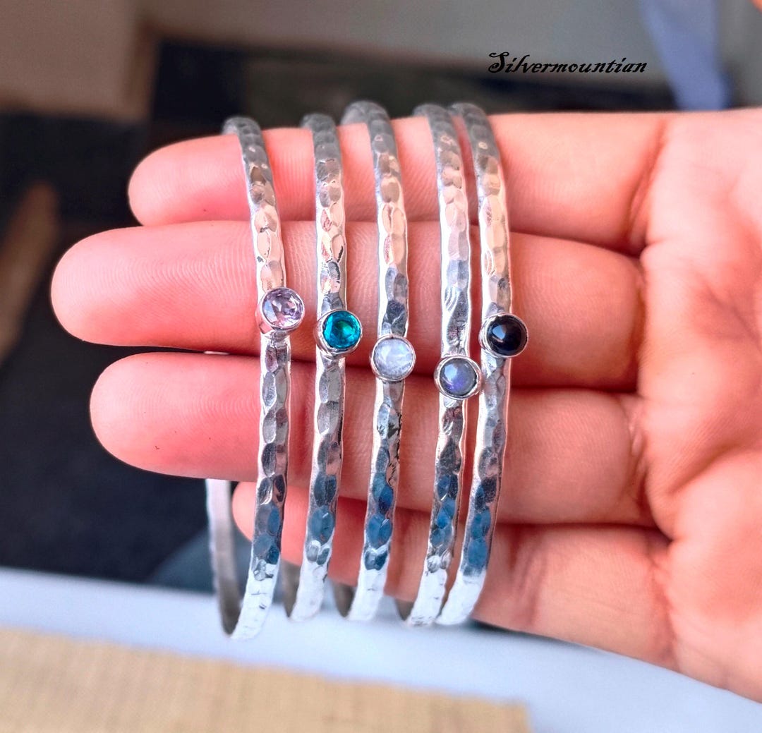 Five Gemstone Set of Bangle, 925 Sterling Silver, Hammering Silver ...