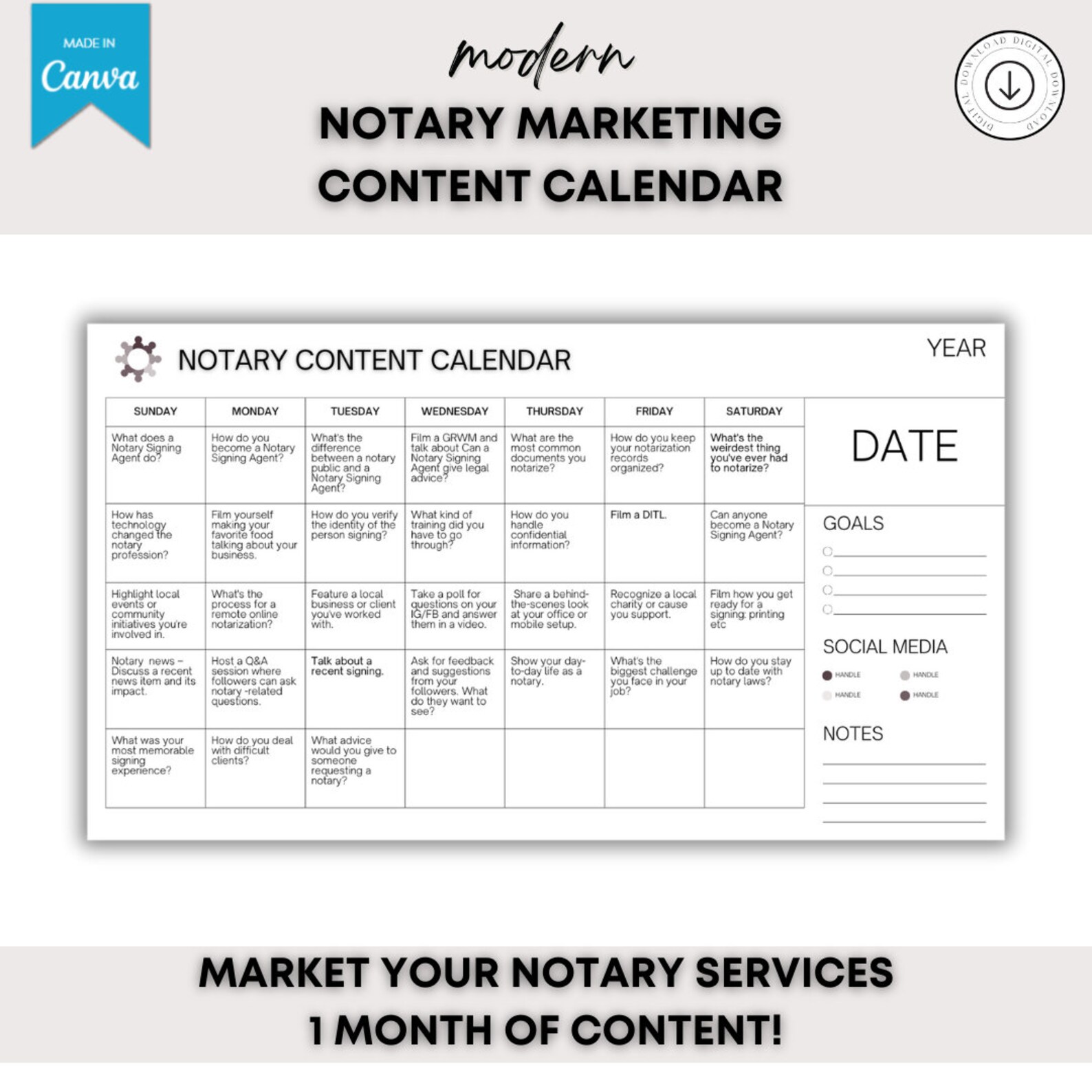 Notary Marketing Content Calendar | Content Calendar | Social Media ...