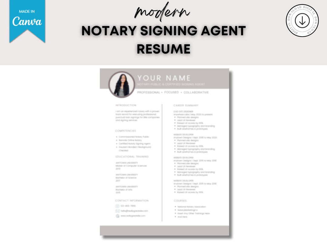 Notary Resume Signing Agent Resume Loan Signing Resume - Etsy