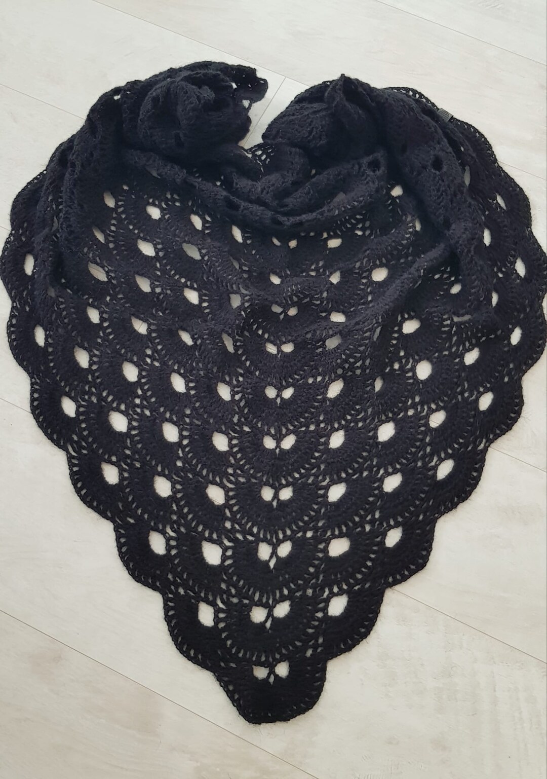 Black Crochet Shawl, Handmade Virus Shawl, Lace Crochet Scarf, Triangle ...