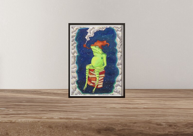 6"x8" Magic Frog Wizard Sorcerer Warlock Smoking a Pipe on Books Marker ...