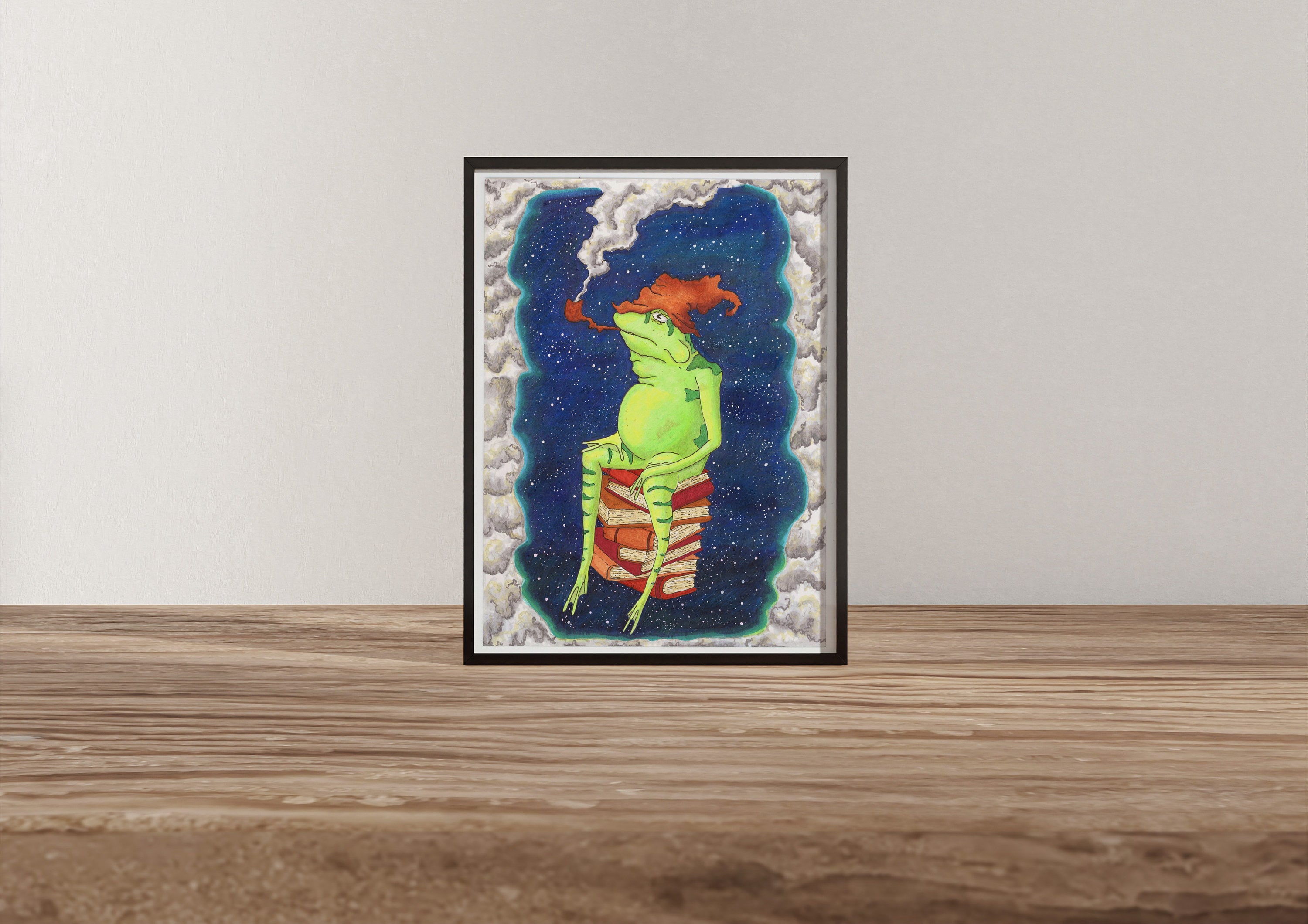 6"x8" Magic Frog Wizard Sorcerer Warlock Smoking a Pipe on Books Marker ...