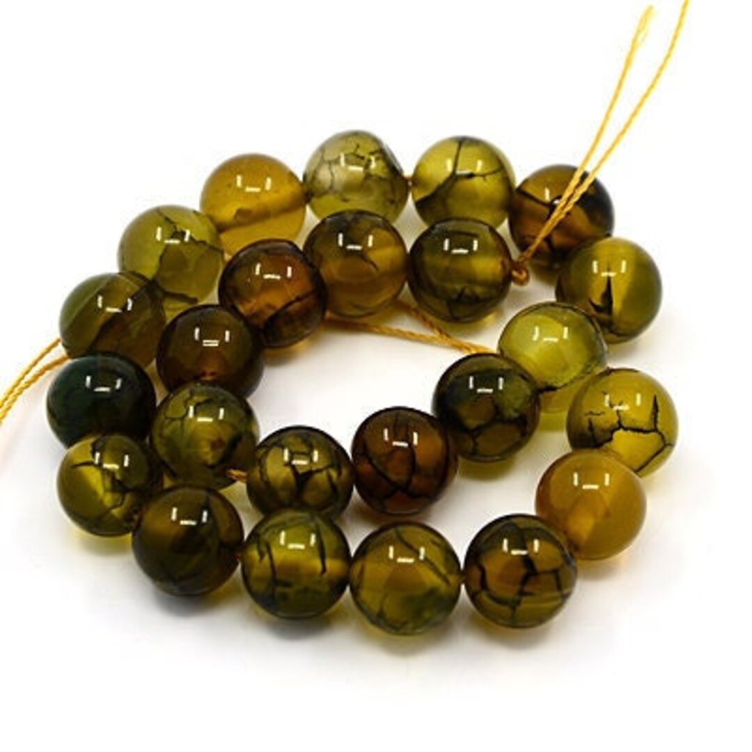 10mm Olive Green Dragon Veins Agate - 18 Beads per Strand - Natural ...