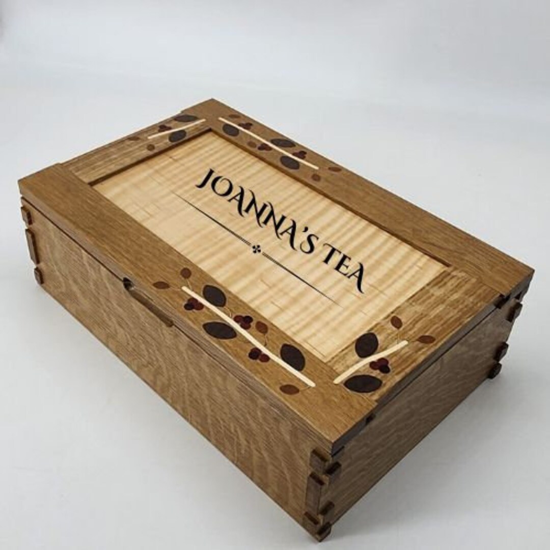 White Oak Wood Tea Box With Curly Maple and Inlay Vine Design With 8 ...