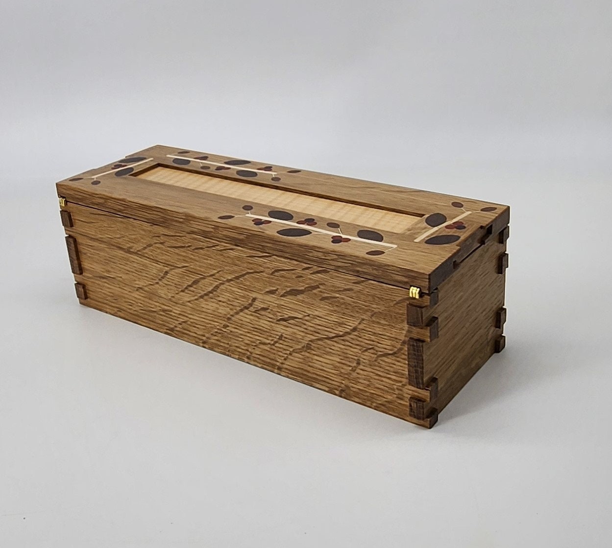 White Oak Wood Tea Box With Curly Maple and Inlay Vine Design With 4 ...