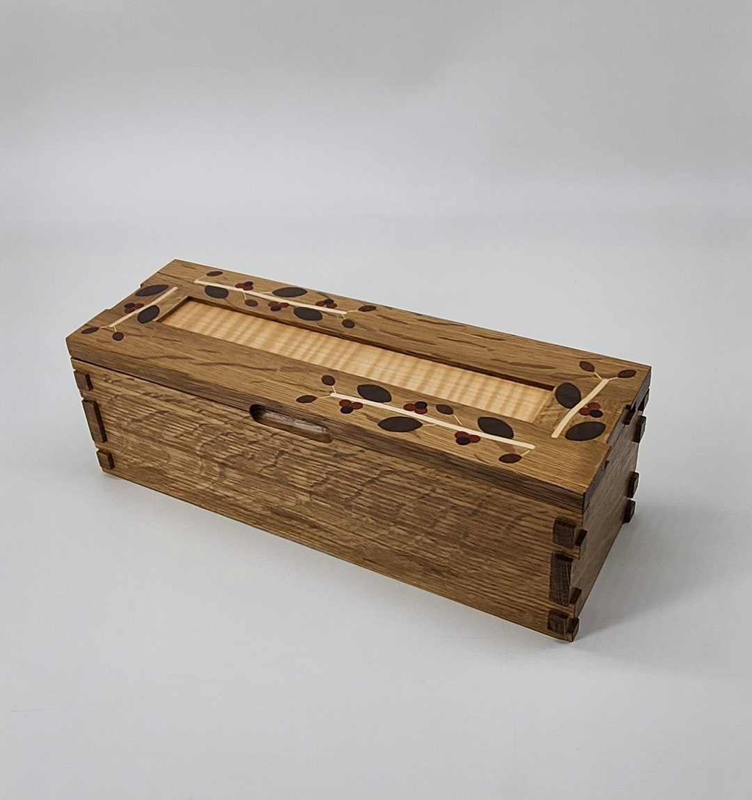 White Oak Wood Tea Box With Curly Maple and Inlay Vine Design With 4 ...