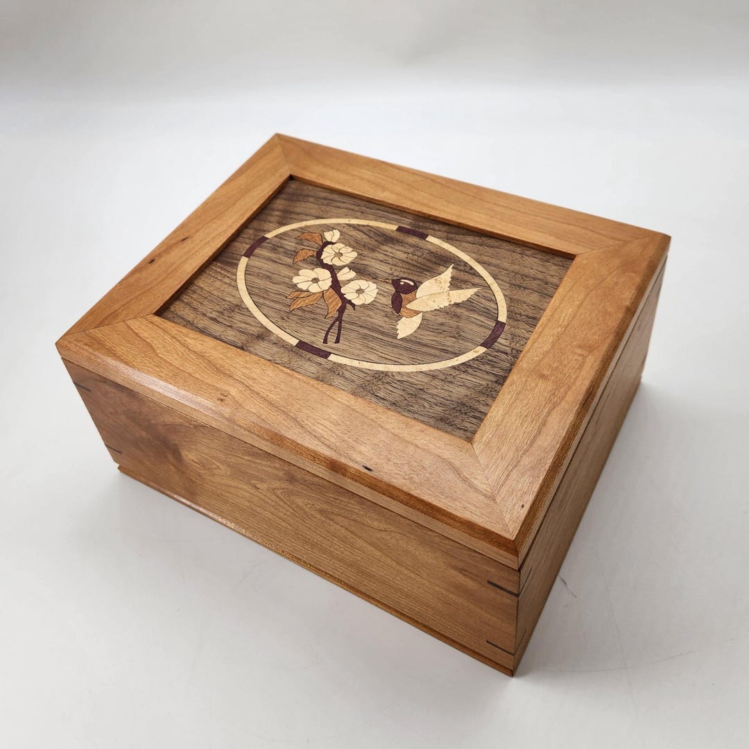 Cherry Wood Memory Box With a Hummingbird Design on Lid , Keepsake Box ...