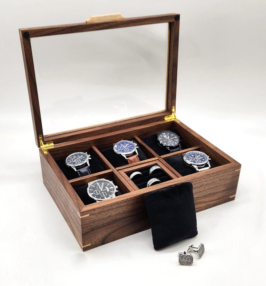 Walnut Watch Box, Handcrafted Wood Watch Box With Optional Ring Holder ...