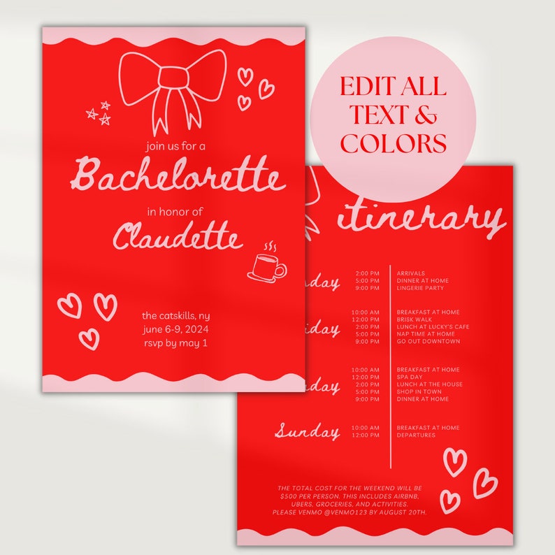 Red Bow Girly Bachelorette Itinerary | Bachelorette Party Agenda ...