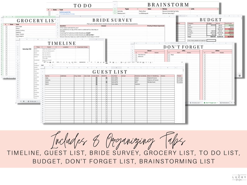 Bridal Shower Planning Spreadsheet Template Digital Download Google ...