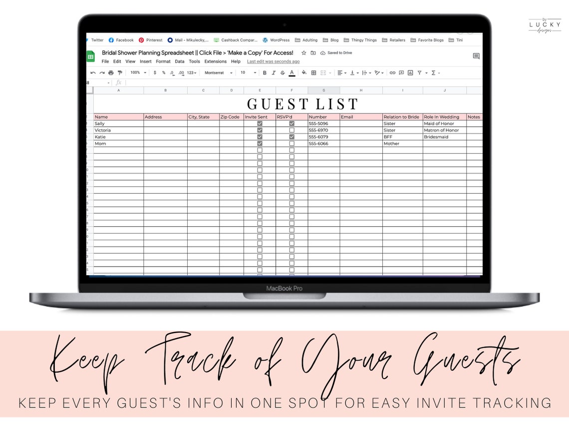 Bridal Shower Planning Spreadsheet Digital Download Google - Etsy