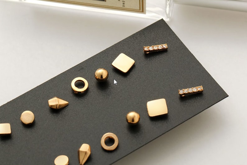 Geometric Stud Earring Set: 18k Gold Plated, Minimalist Style, 9 Pairs ...