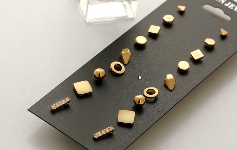 Geometric Stud Earring Set: 18k Gold Plated, Minimalist Style, 9 Pairs ...