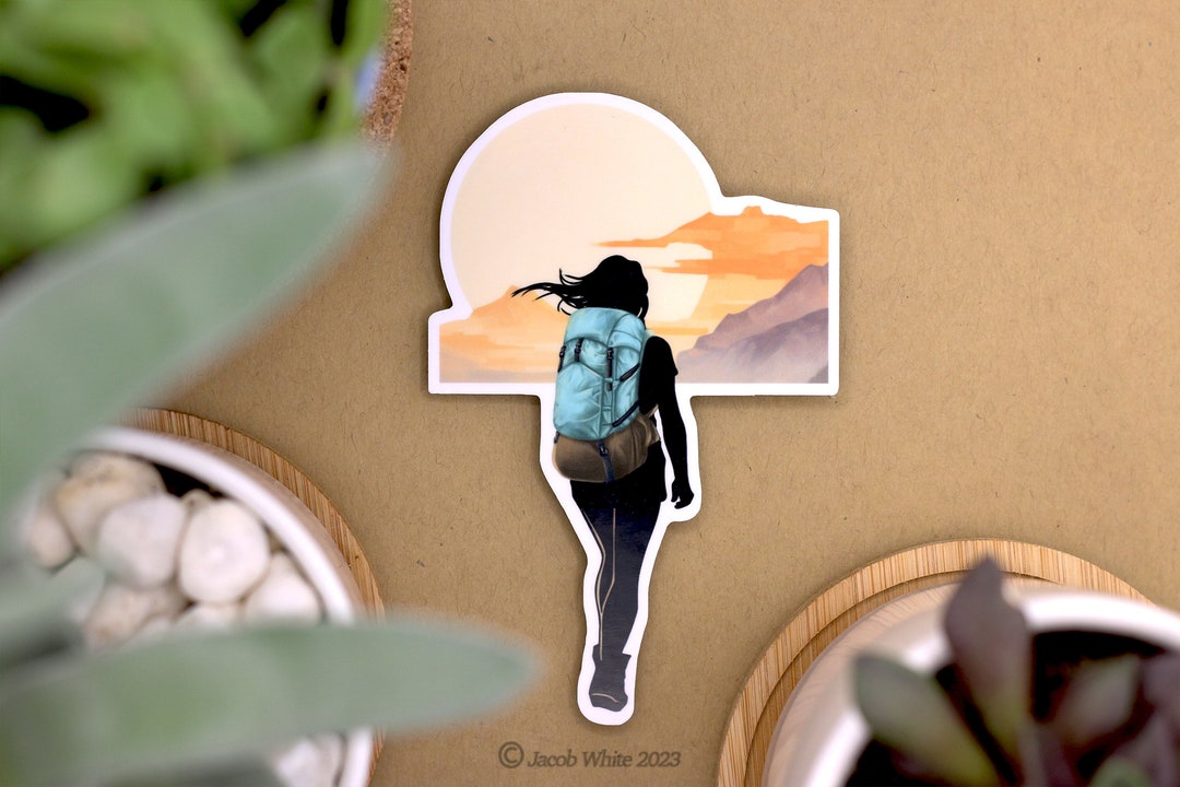 Hiking Girl Backpacking to Sunset Vinyl Die Cut Waterproof Adventure ...
