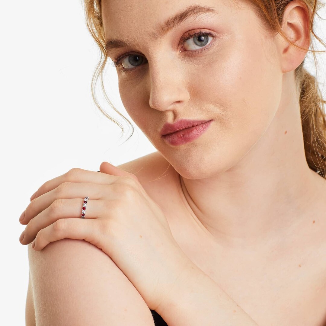 Ruby & CZ Diamond Wedding Band, 14K Gold Ruby Half Eternity Band, July ...