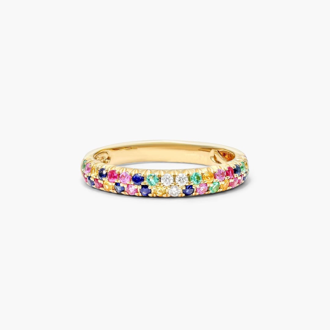 Round Cut Multi Gemstone Wedding Band, Solid 14K Yellow Gold Solitaire ...