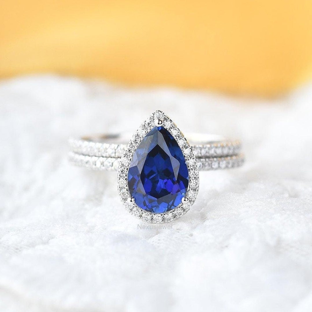 Blue Sapphire Wedding Ring Set, Vintage Unique Bridal Set, 2.50 CT Pear ...