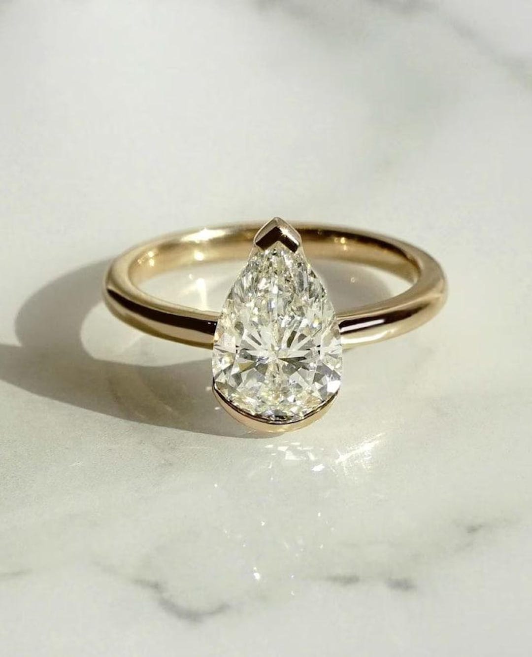Unique Bezel Setting Pear Cut Moissanite Engagement Ring, Pear Cut ...