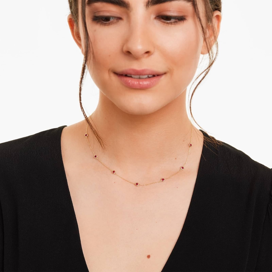 Garnet Station Chain Necklace, Dainty 14k Yellow Gold Gemstone Necklace ...