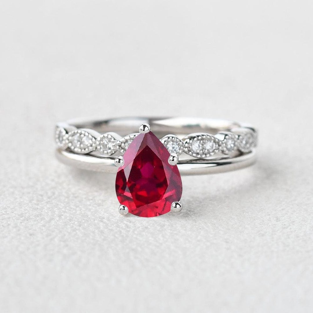 Teardrop Ruby Ring Set 1.5CT Solitaire Ruby Engagement Ring Sterling ...