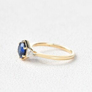 Round Blue Sapphire Ring, Hexagon Shape Three Stone Engagement Ring, 1. ...