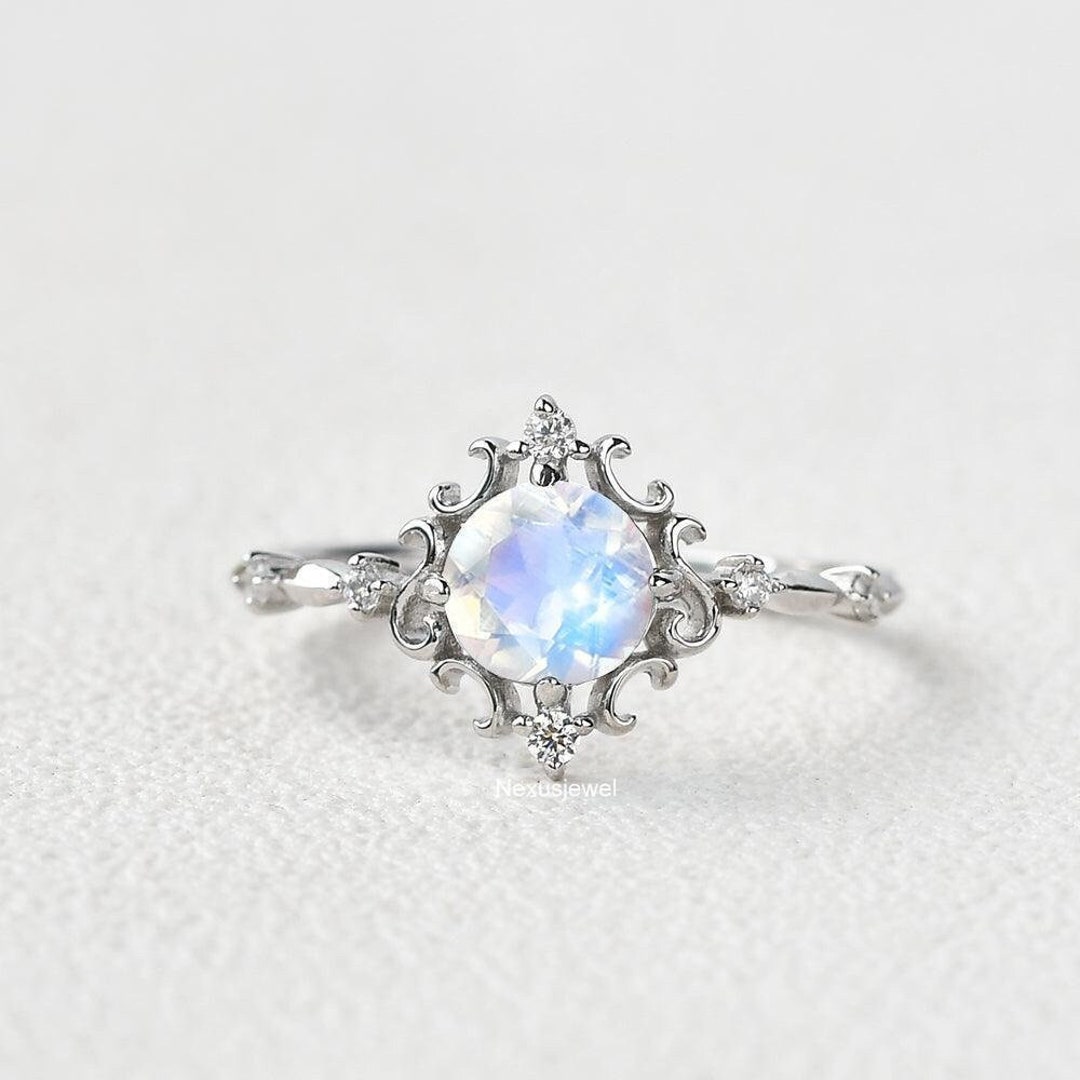 Moonstone Gemstone Ring, Round Cut Engagement Ring, White Gold Ring ...