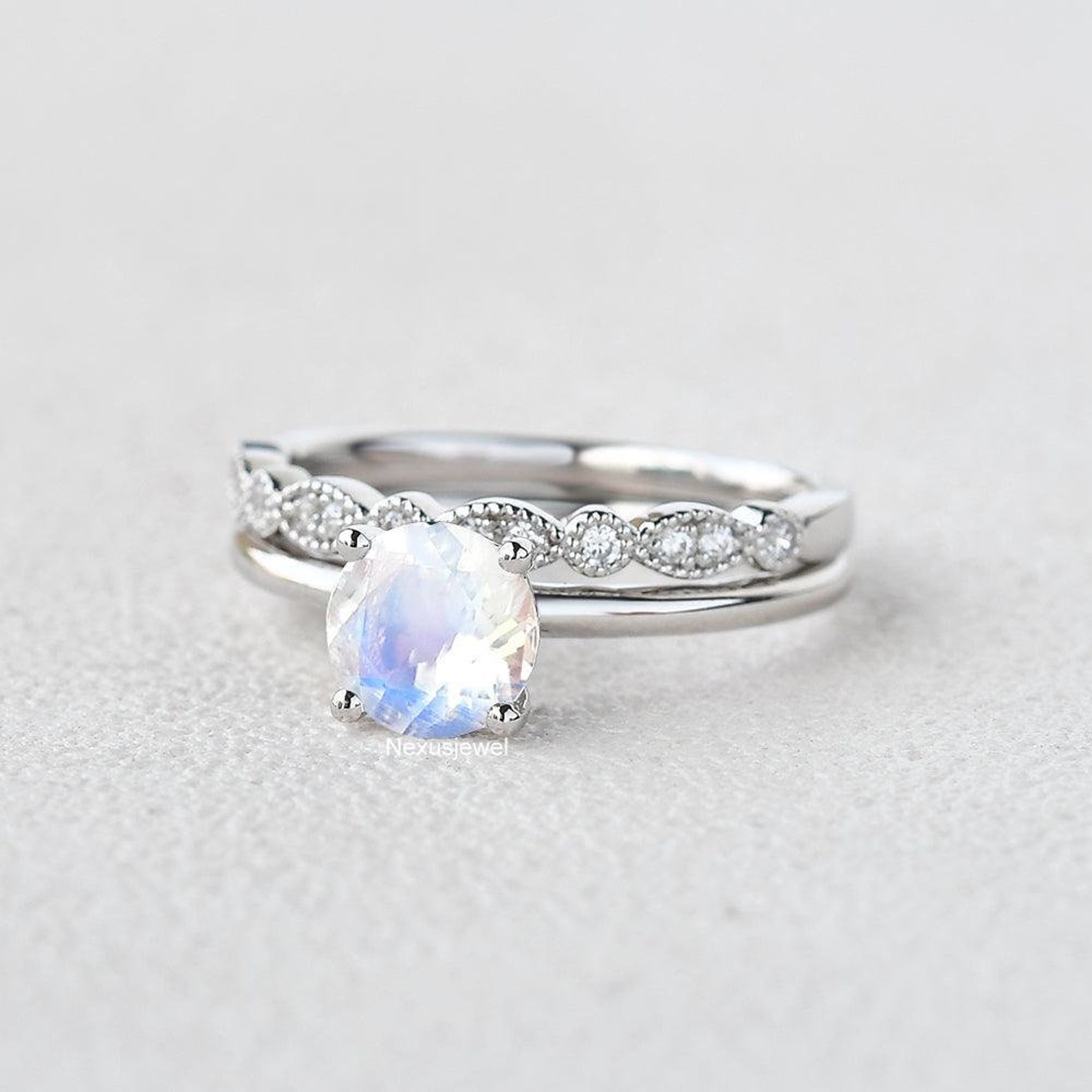 Moonstone Engagement Ring, 1 CT Round Cut Moonstone Bridal Ring Set ...