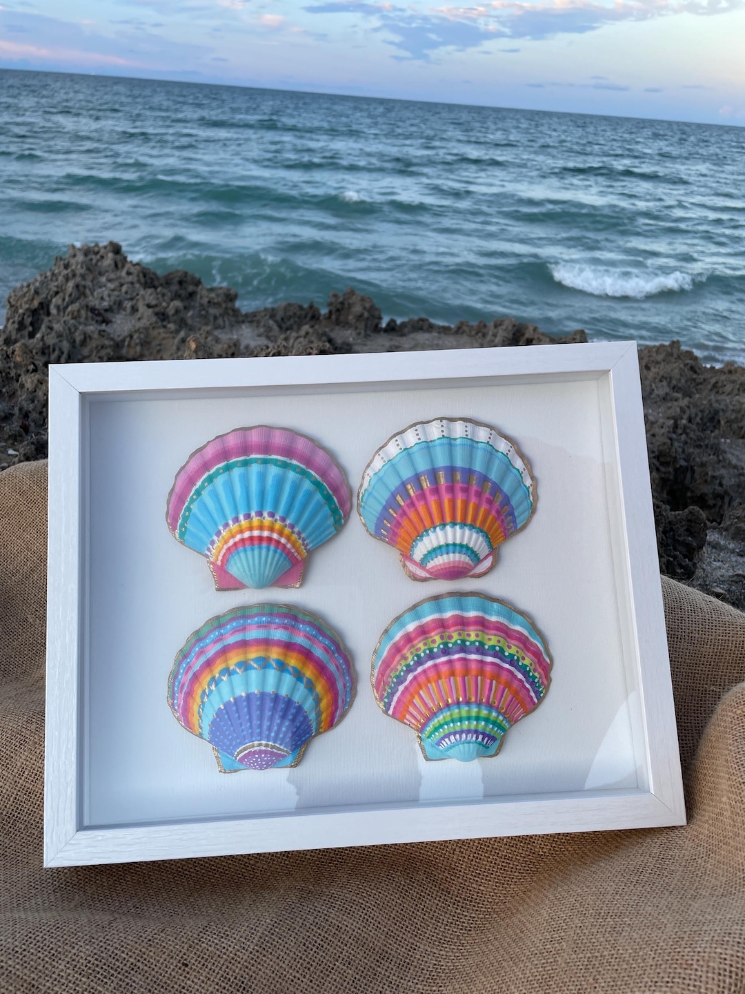 Framed Hand Painted Scallop Shell Art - Bright Coastal Decor - Beach ...