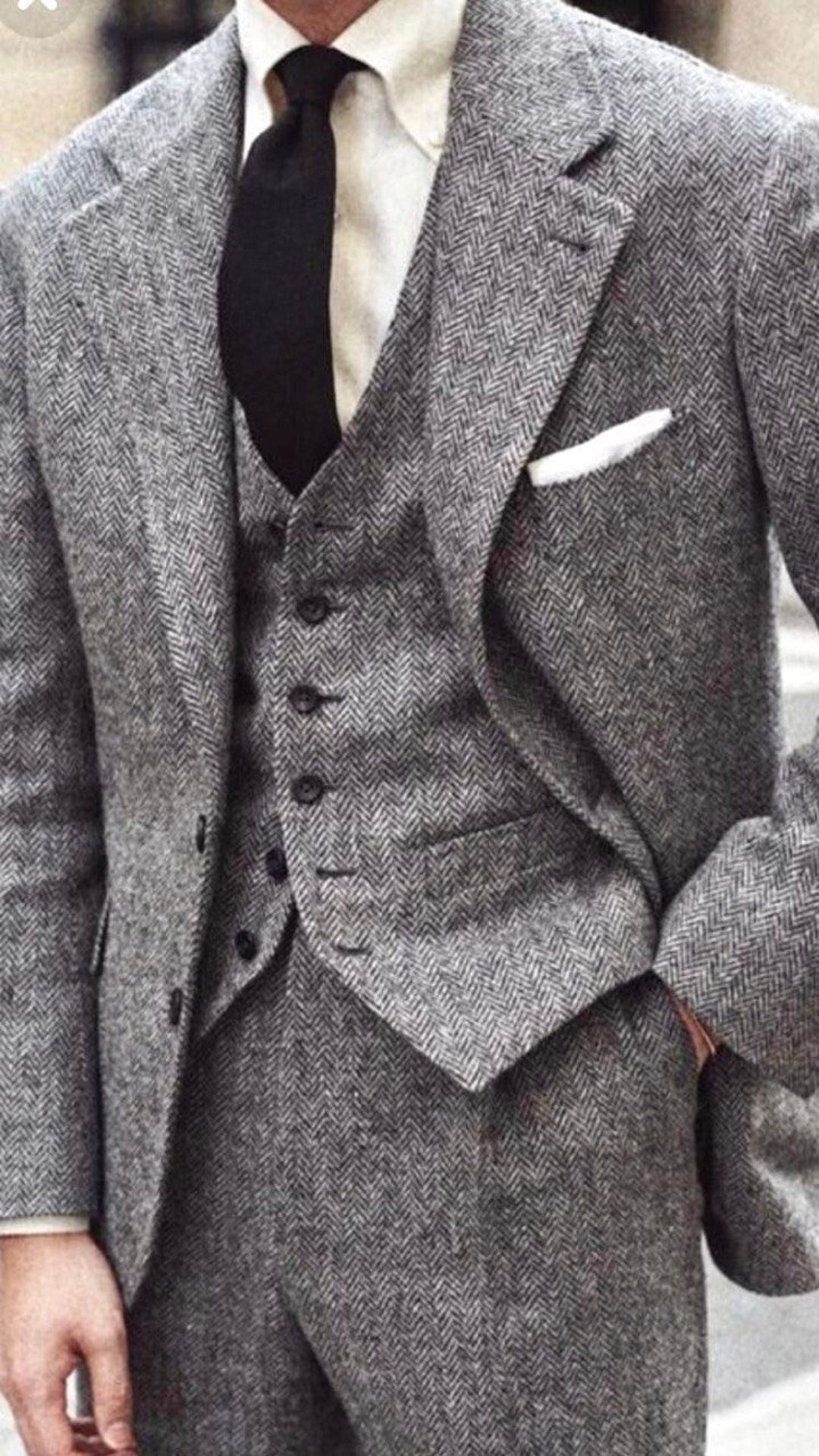 Herringbone Tweed Wool Suit: Vintage Style Grey Three Piece Mens Suit ...