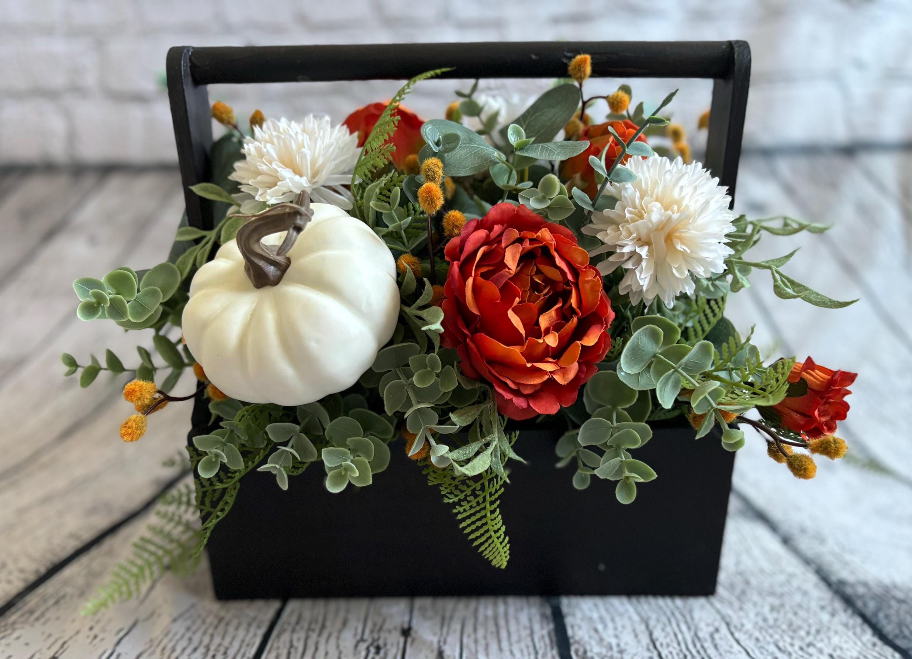 Medium Orange White Fall Floral and Pumpkin Centerpiece Decoration in ...