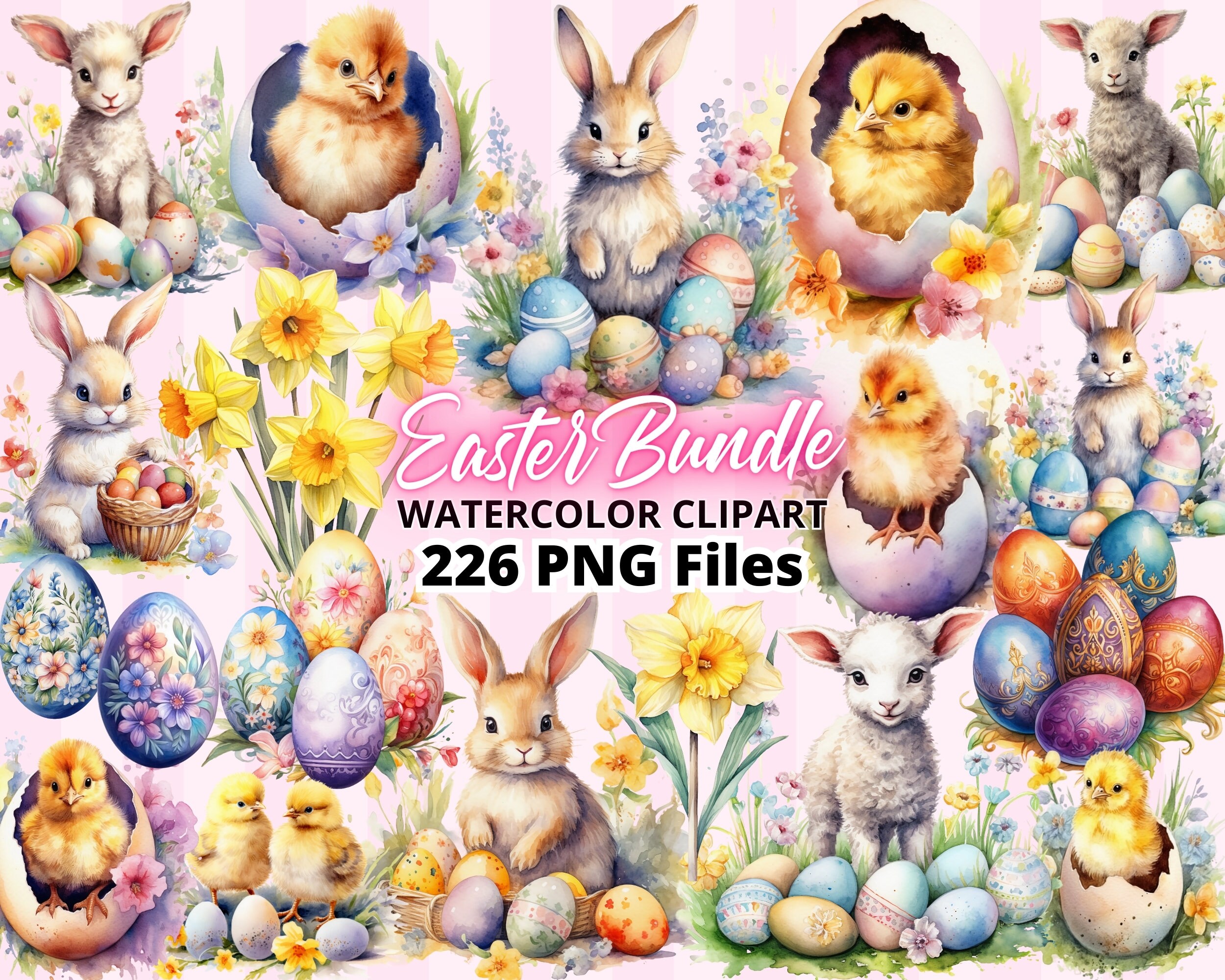Watercolor Easter Clipart BUNDLE 226 PNG Files, Easter Bunny Floral ...