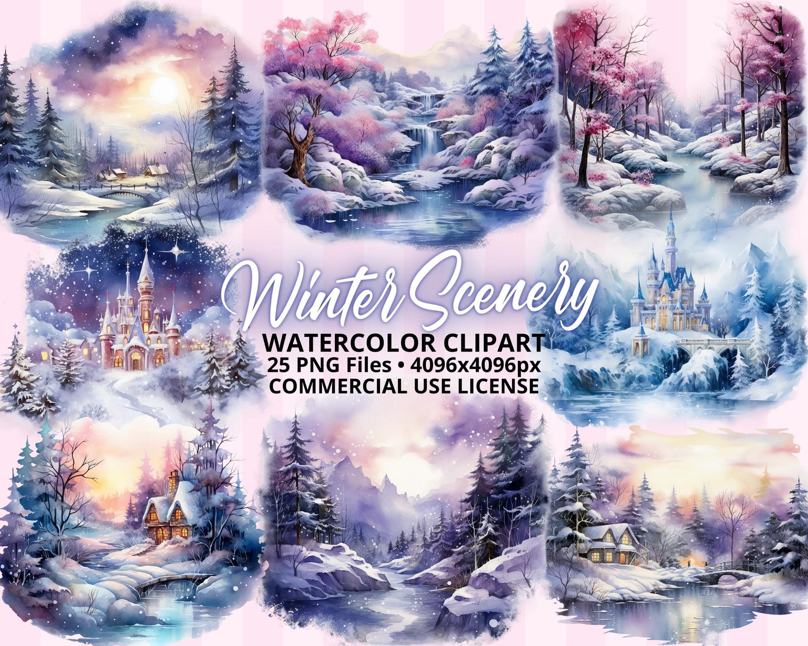 Clipart Christmas Woodland Winter Landscape Scenery, Pastel Watercolor ...