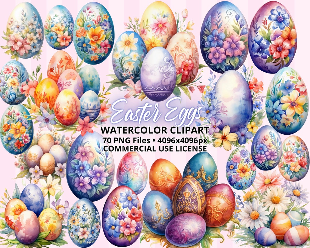 Watercolor Easter Eggs Clipart BUNDLE 70 PNG Files, Painted Floral ...