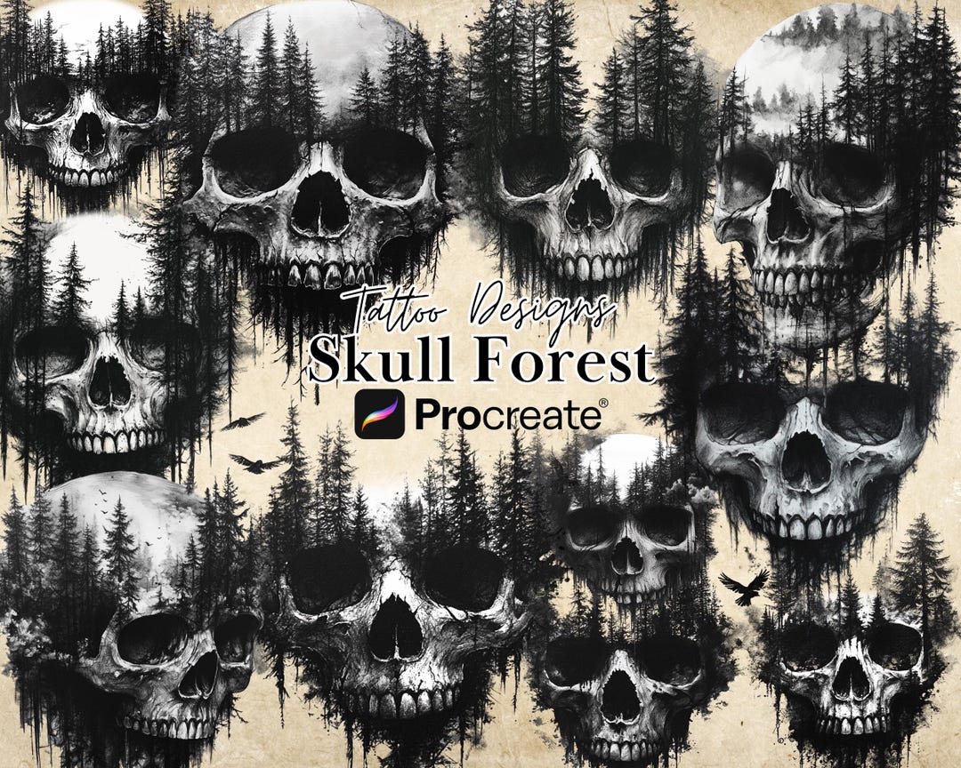 Procreate Skulls Forest Stamps Brushes BUNDLE, Realistic Skull, Tattoo ...