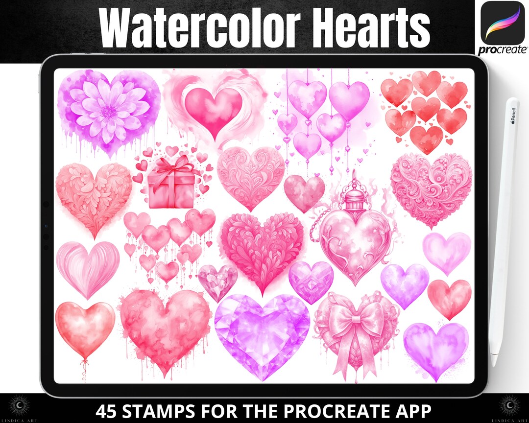 Procreate Stamps Watercolor Valentine Hearts Bundle, Digital Heart ...