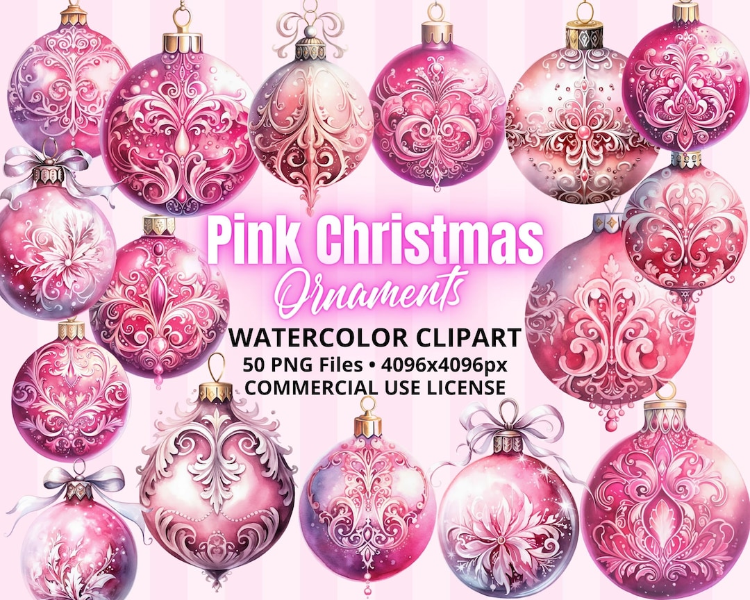 Clipart Pink Christmas Ornaments Bundle 50 PNG Files, Pastel Watercolor ...