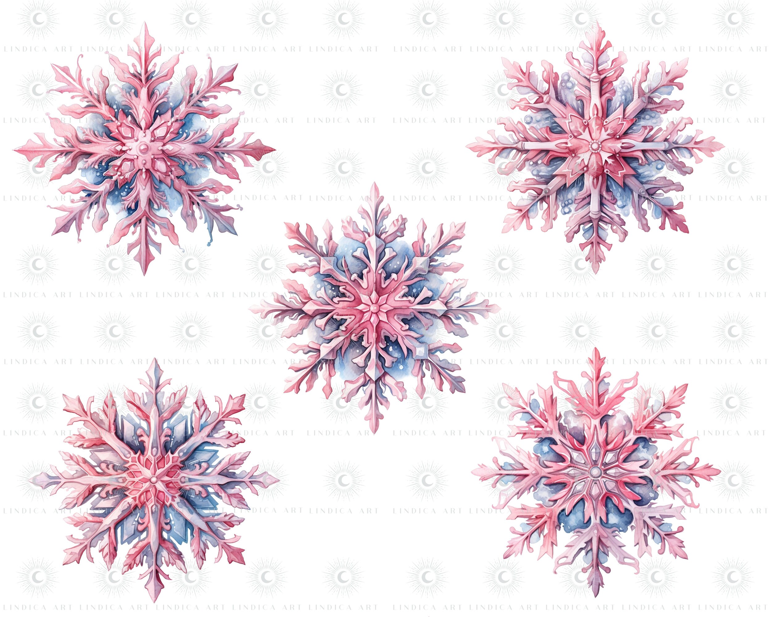 Clipart Pink Christmas Snowflakes 20 PNG Files, Pastel Watercolor Art ...