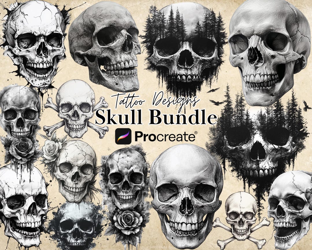 Procreate Skulls Stamps Brushes BUNDLE, Realistic Skull, Tattoo Stencil ...