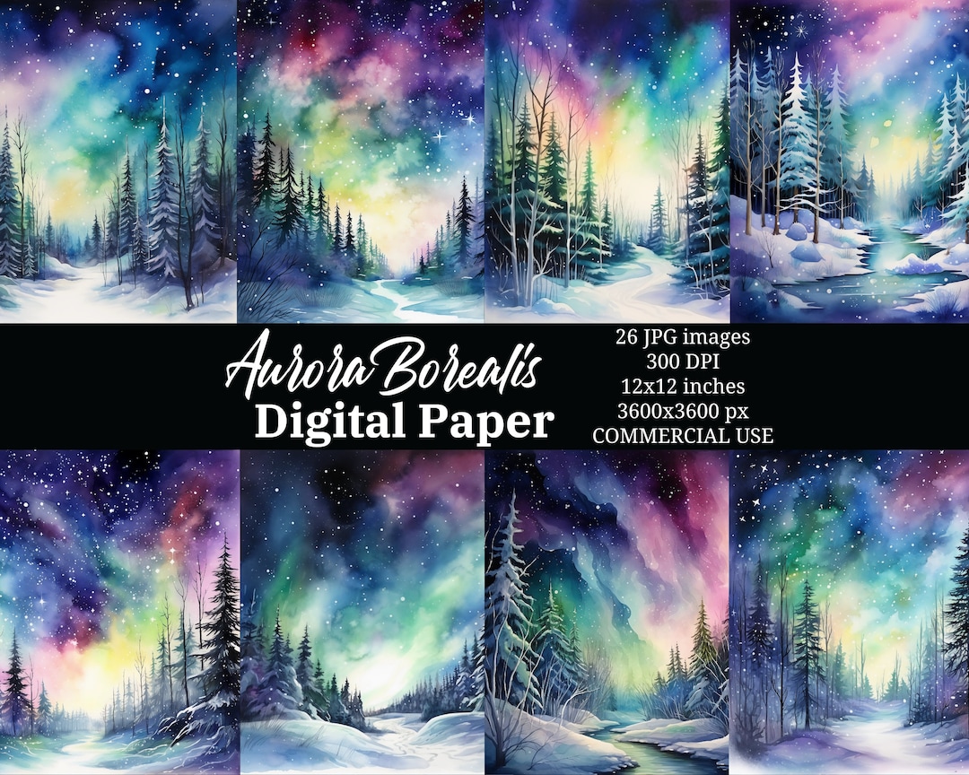 Northern Lights Digital Paper Bundle, Aurora Borealis Christmas Winter ...