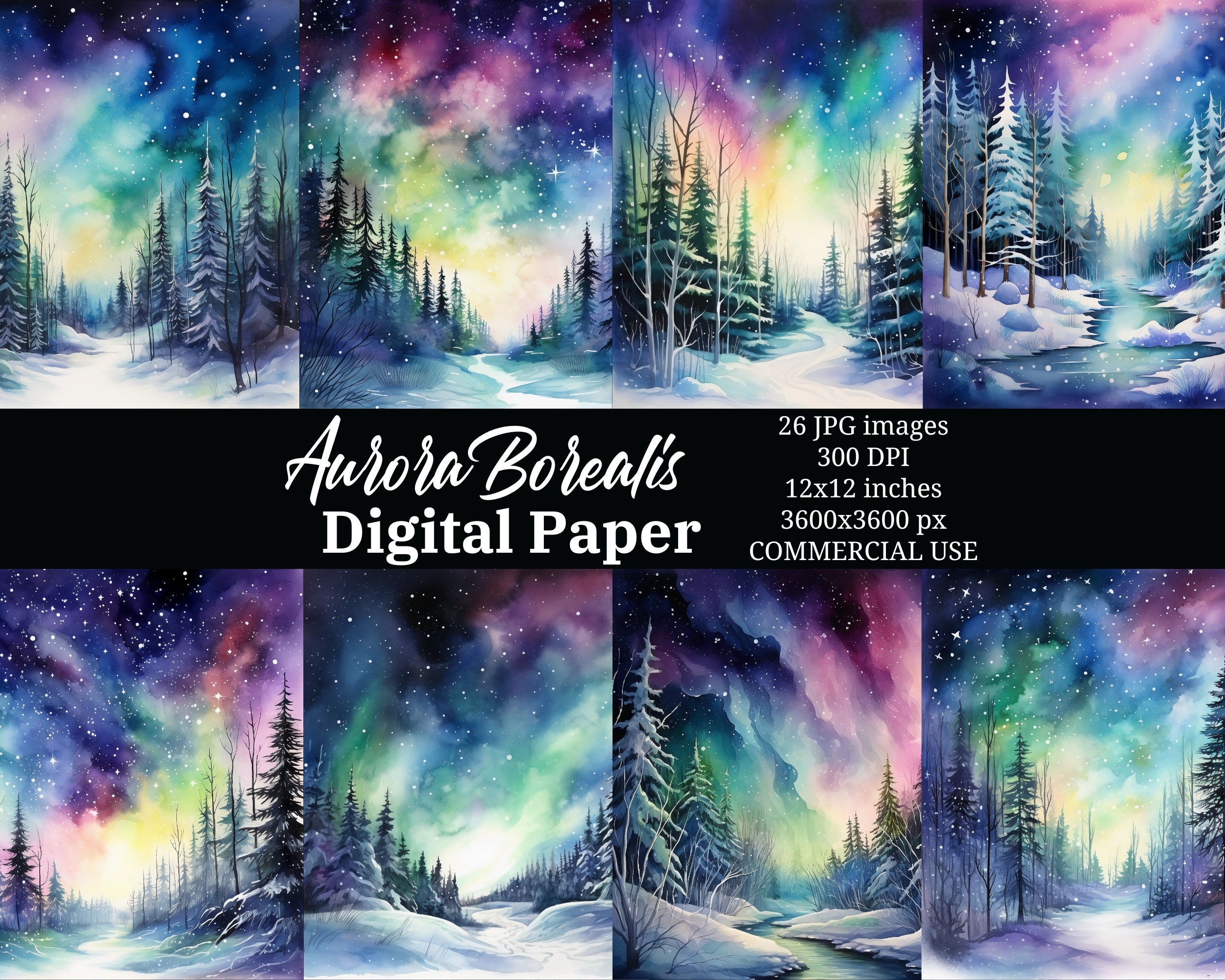 Northern Lights Digital Paper Bundle, Aurora Borealis Christmas Winter ...