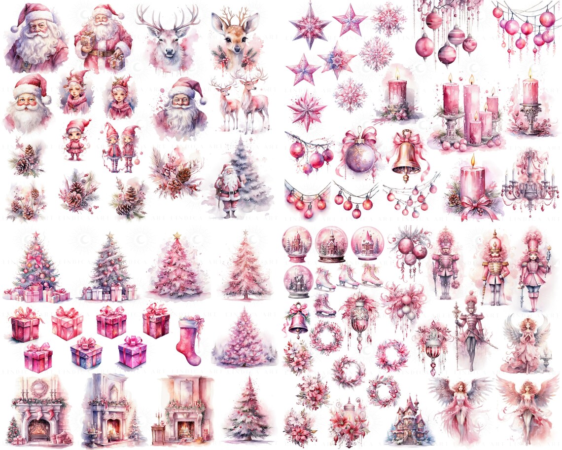 Clipart Pink Christmas 215 PNG Image Files Pastel Watercolor - Etsy