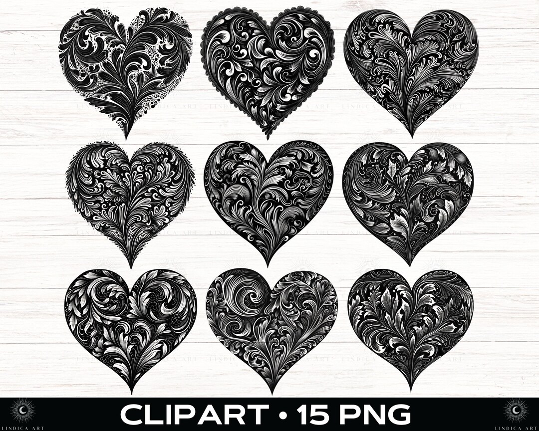 Clip Art Filigree Hearts, 15 PNG Valentines Digital Files, Sublimation ...