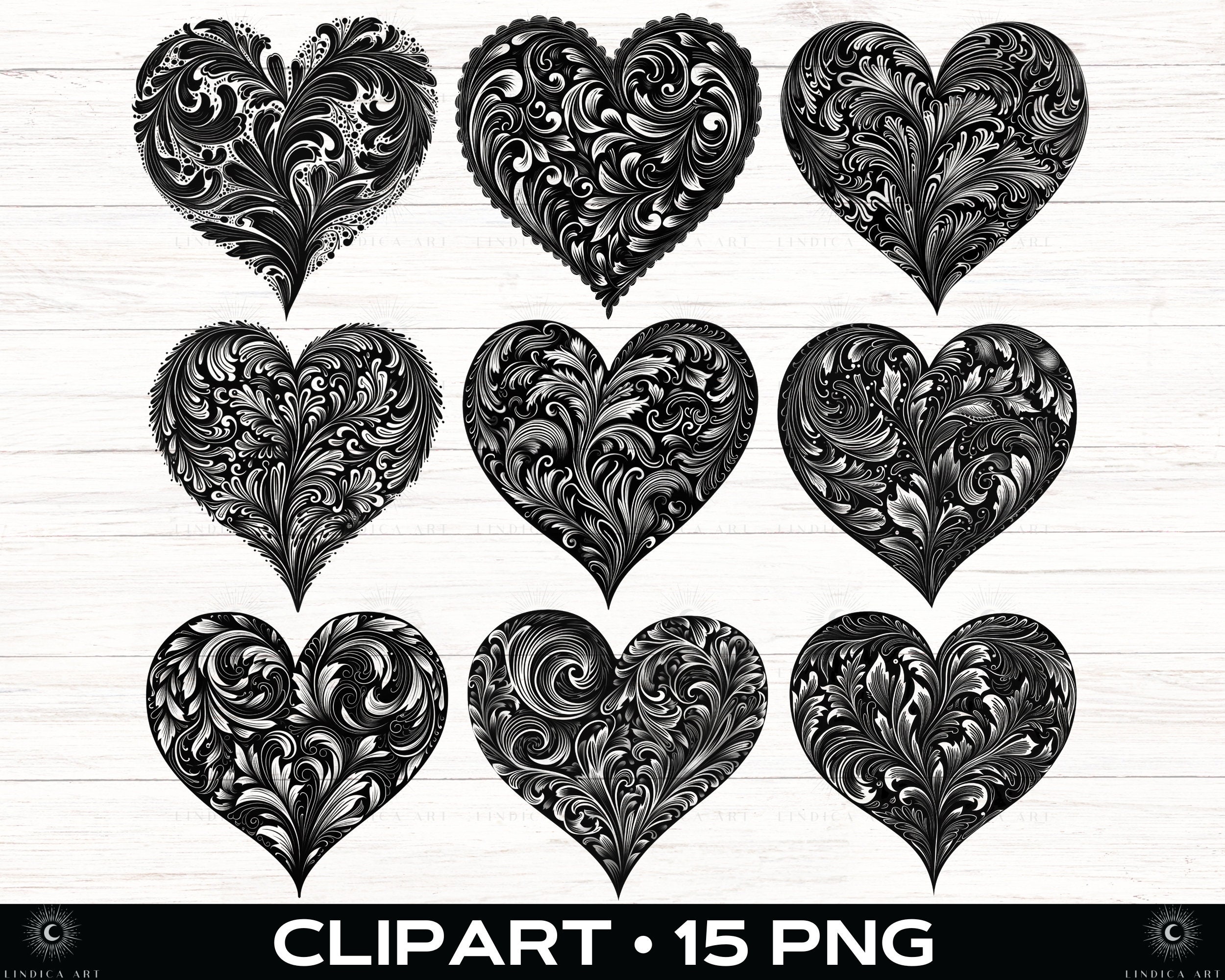Clip Art Filigree Hearts, 15 PNG Valentines Digital Files, Sublimation ...