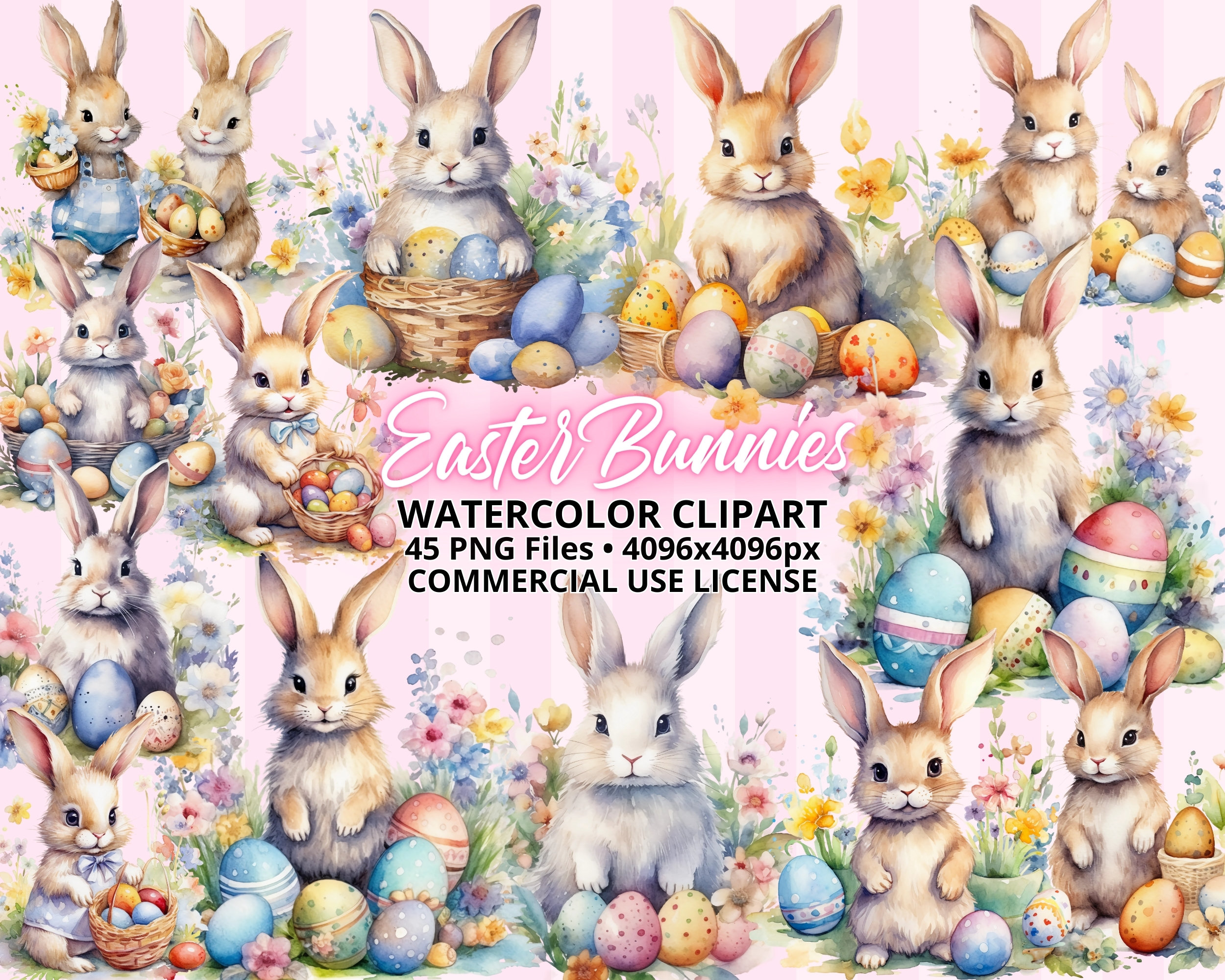 Watercolor Easter Bunnies Clipart BUNDLE 45 PNG Files, Easter Cute ...